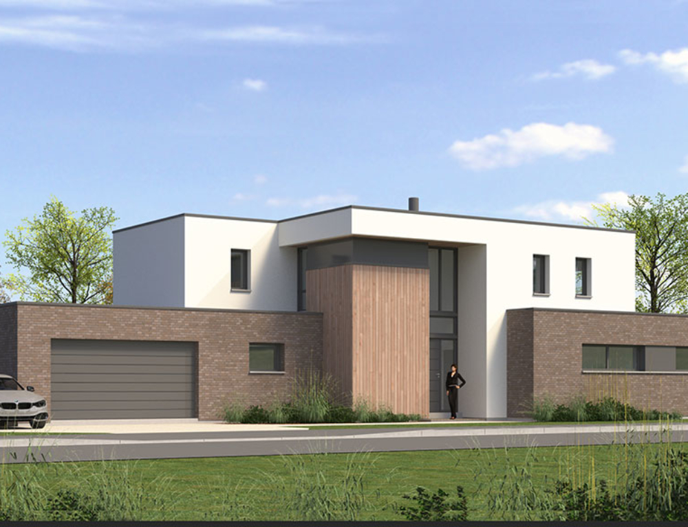 Maison cubique en enduit et pierre - POUWELS AB Architecteurs